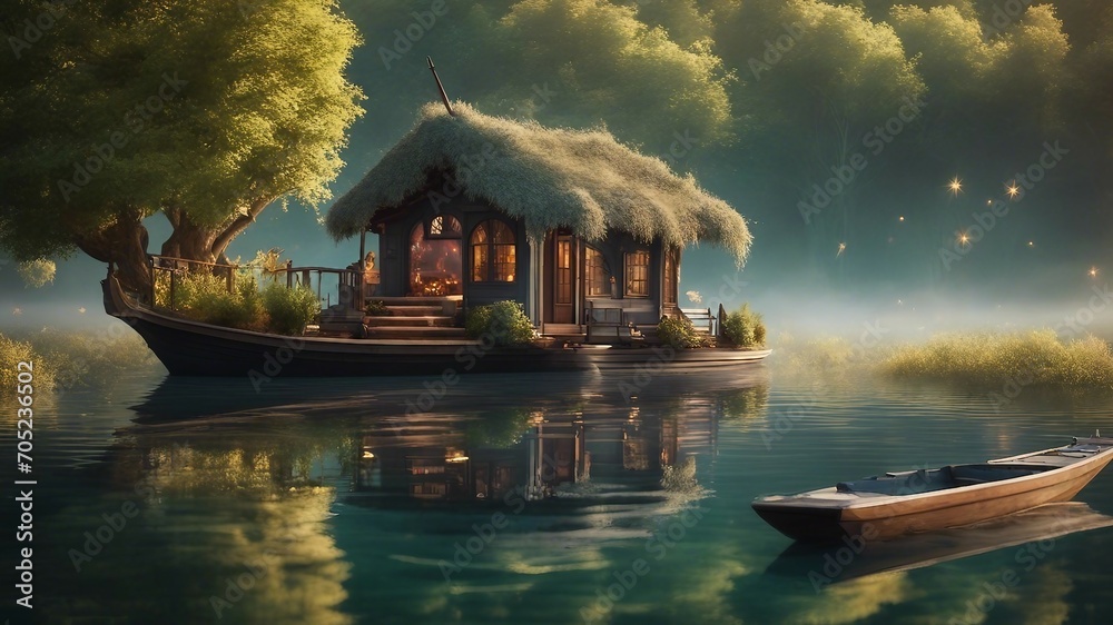 Fantasy_ A house boat with a thatched roof and a cozy fireplace ...