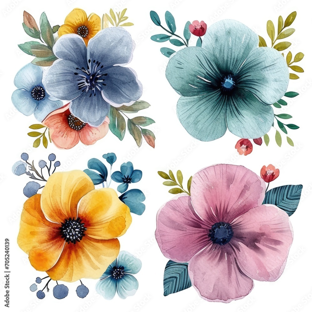Set watercolor flowers. Different types 4 flowers. four flowers ...
