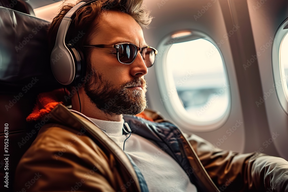 In-Flight Serenity Relaxed Man Naps with Headphones, Enjoying Music on ...