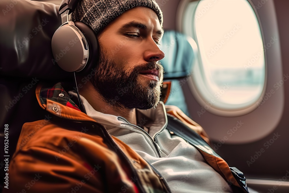 In-Flight Serenity Relaxed Man Naps with Headphones, Enjoying Music on ...