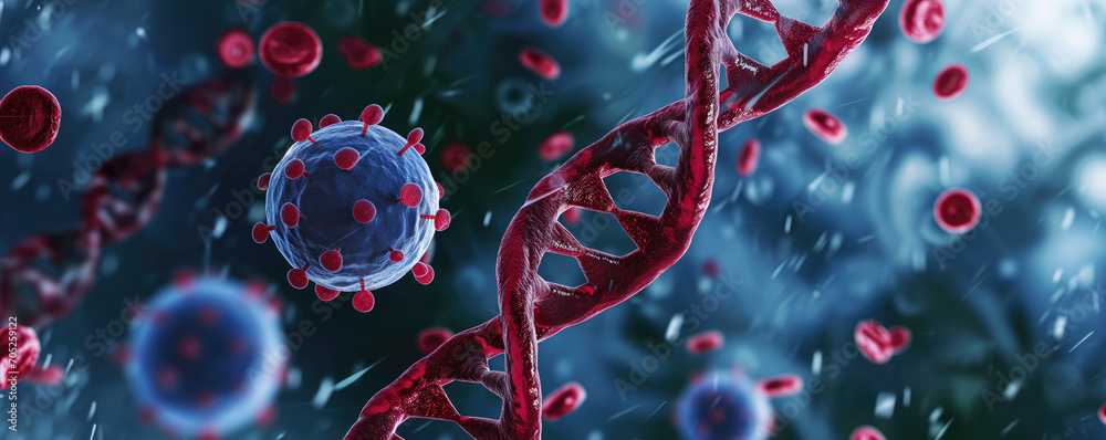 Medical pharmaceutical research background with blood cells and virus ...