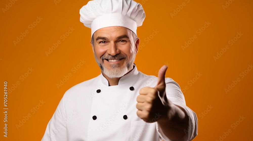 A chef in a uniform standing next to space for an advertisement ...