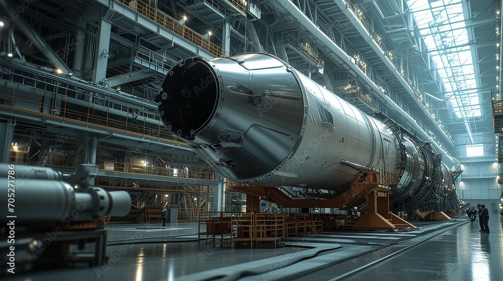 Aerospace factory scene with experts assembling powerful rocket for ...