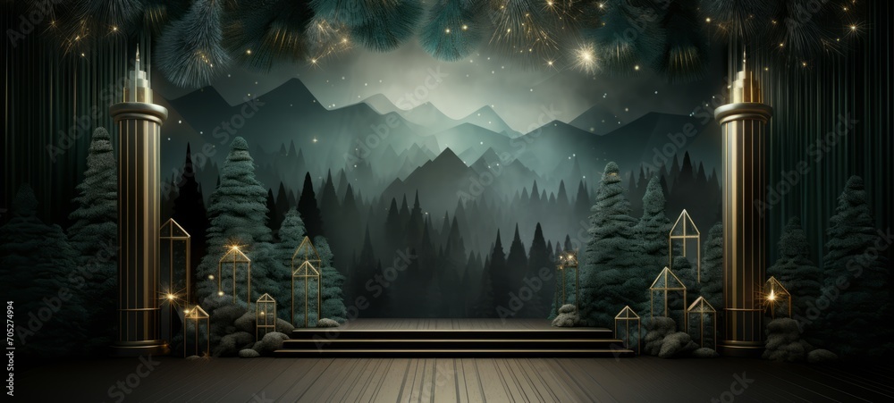 Сhristmas art deco style: green, gold, Christmas trees. Christmas ...