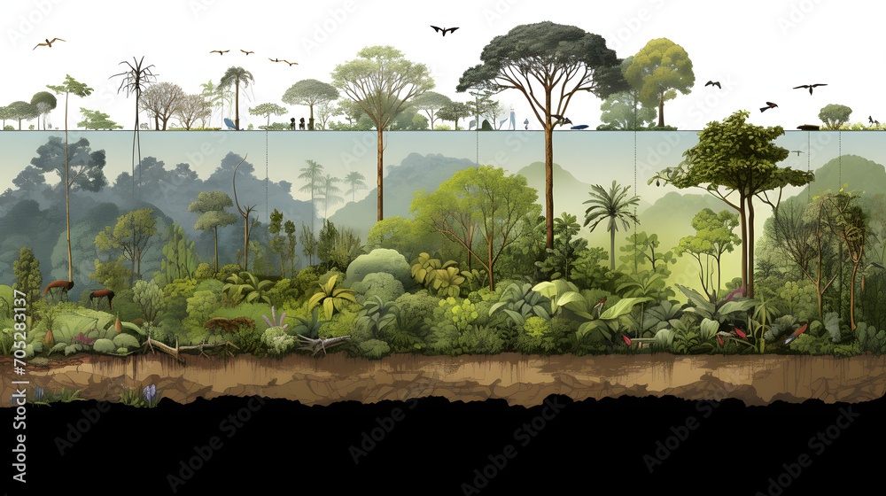 A 2D diagram of the layers of a rainforest ecosystem with species ...