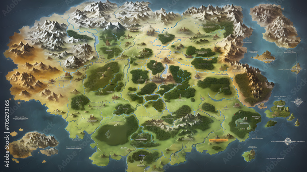 A 2D map of a fictional fantasy world with regions cities and landmarks ...