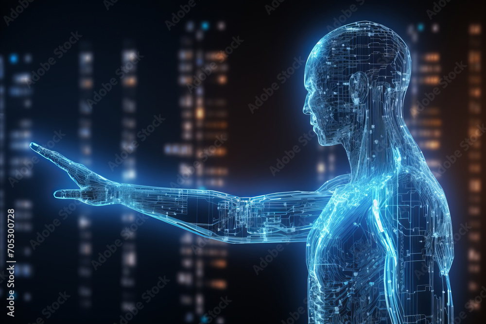 Virtual person reached out and watches, it glows blue and consists of ...