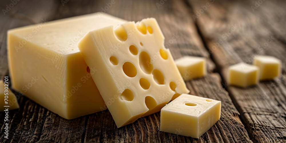 Gruyère cheese blocks, up close, holes and texture in full focus ...