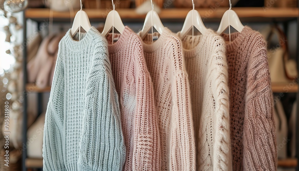 Bunch of knitted warm pastel color sweaters with different vertical ...