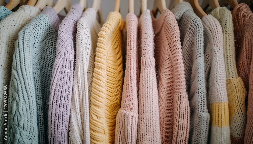 Bunch of knitted warm pastel color sweaters with different vertical ...