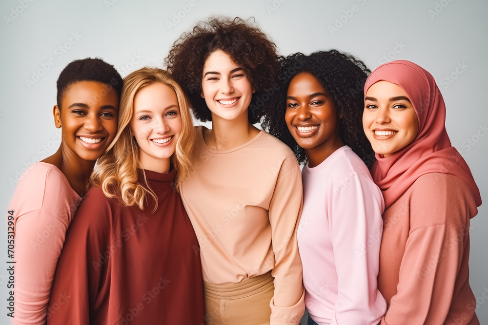 Five women of different ethnicity and cultures stand side by side ...