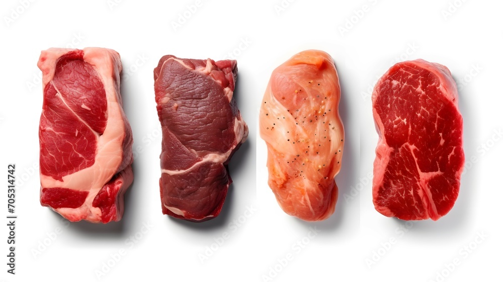 Mix of steak meat salmon , beef , pork and chicken isolated on white ...