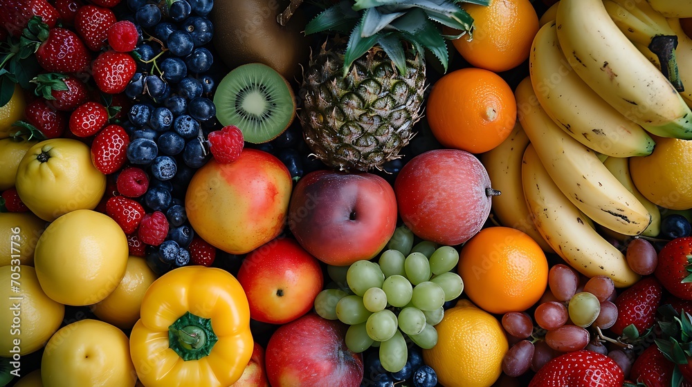 Various kinds of brightly colored fruits are piled up everywhere. Stock ...