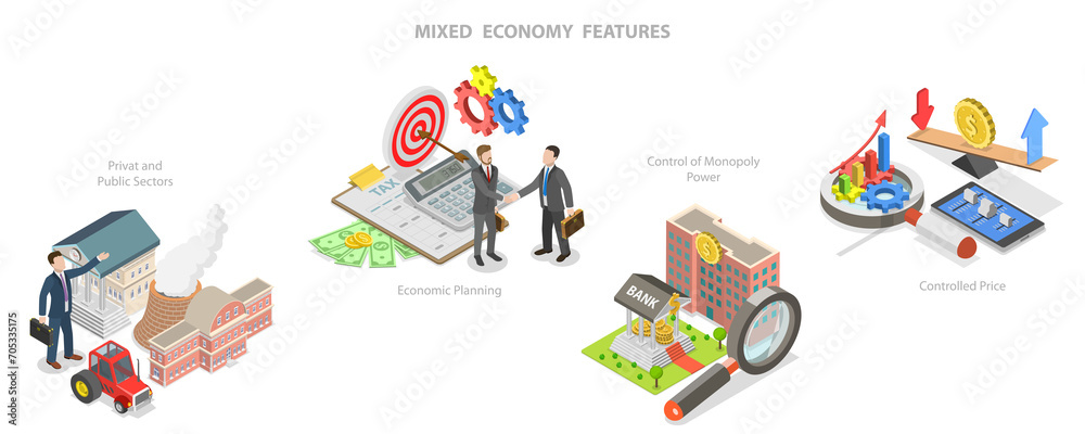 3D Isometric Flat Conceptual Illustration of Mixed Economy Features ...