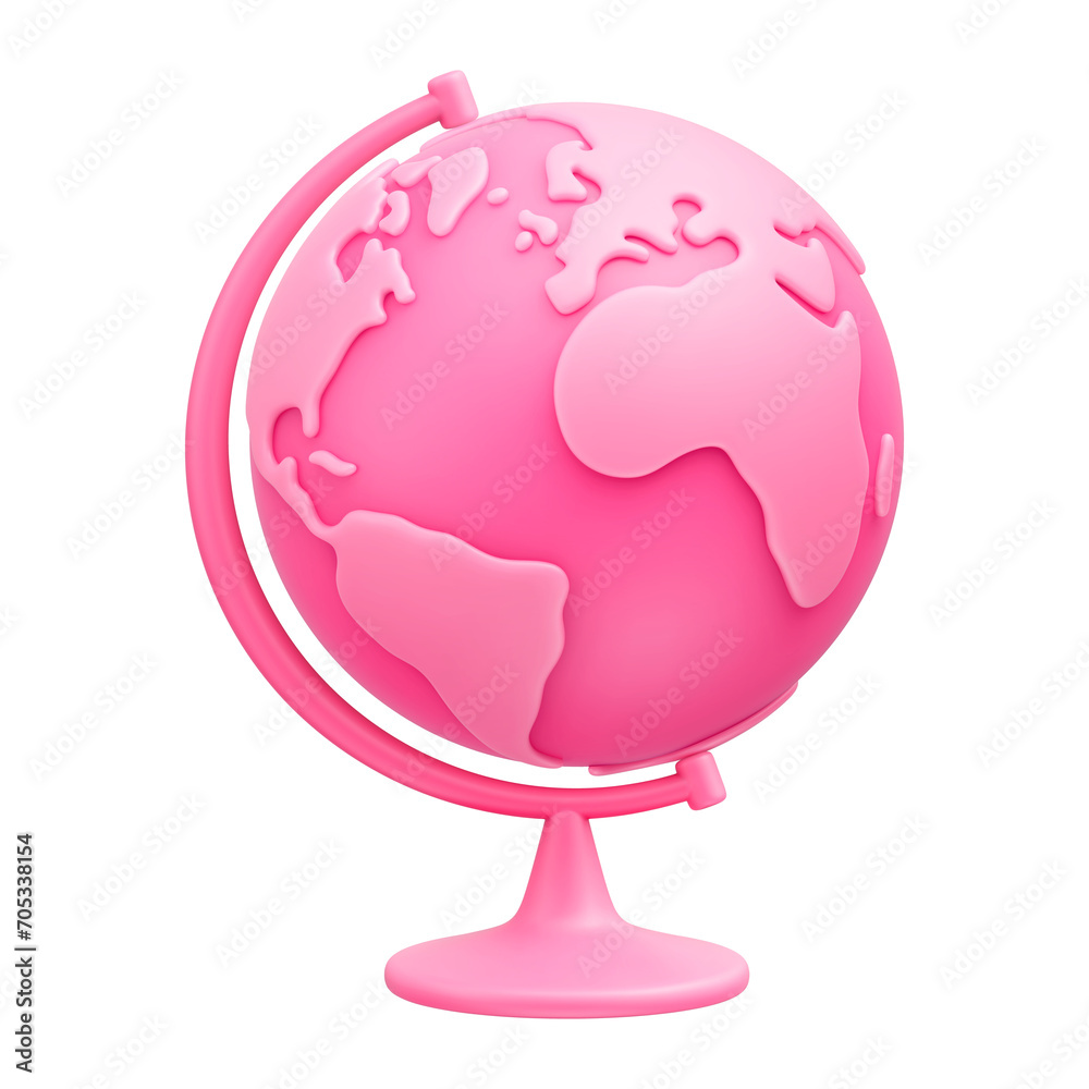 Pink cute cartoon world globe with stand 3d icon on transparent ...