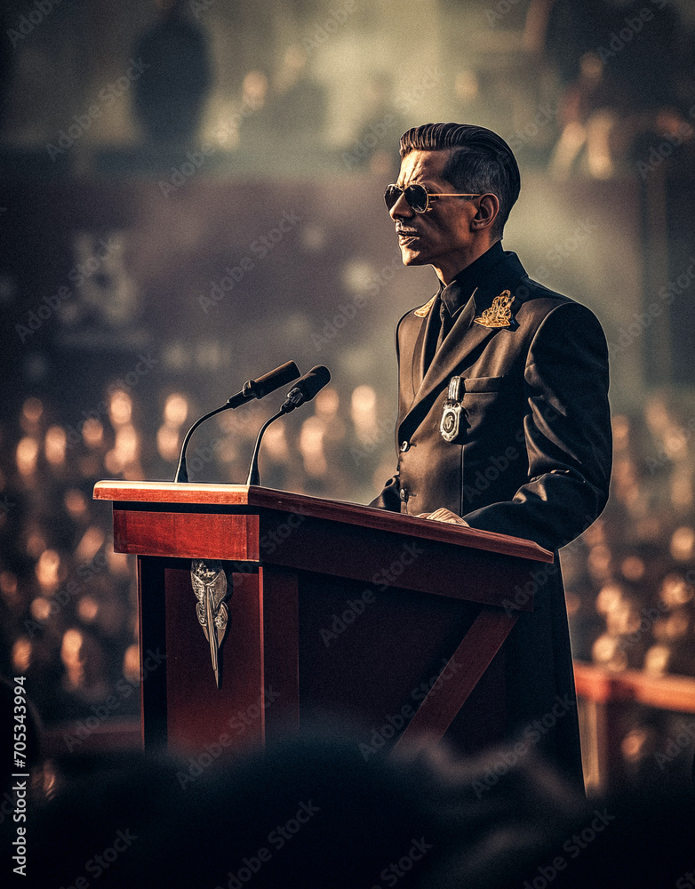 AI-Generated Retrofuturistic Dictator at a Meeting Podium Stock Photo ...