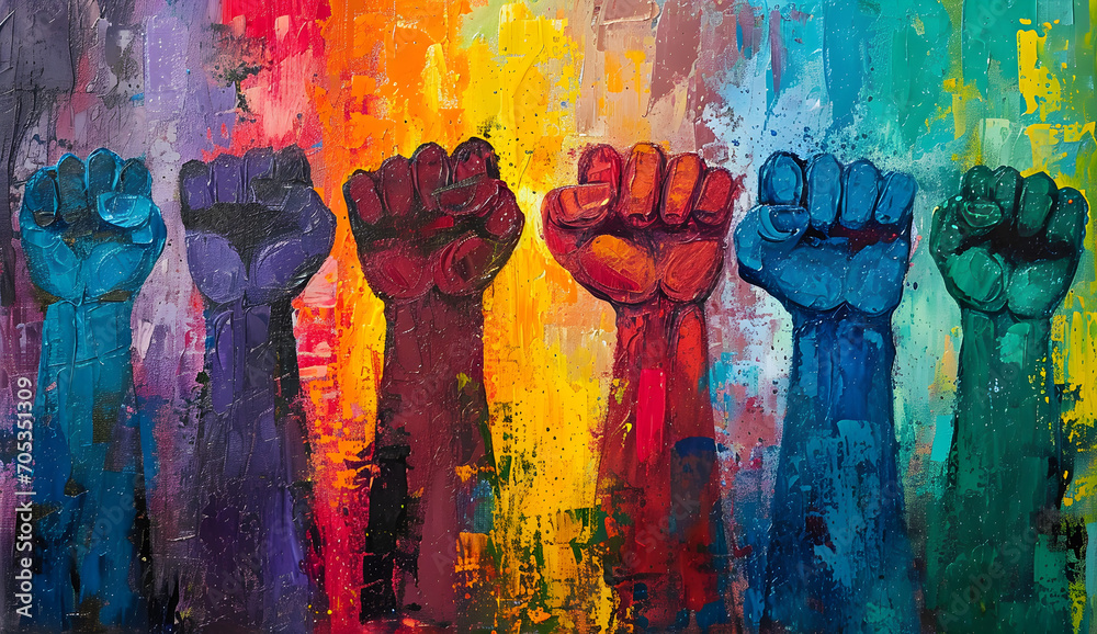 Abstract painting of raised human fists, representing strength and ...