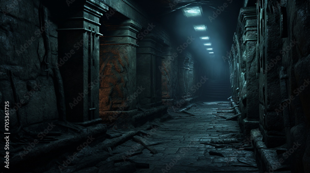 Eerie, scary and mysterious dark underground tunnel or corridor. Stone ...