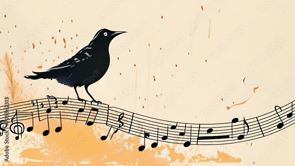 Vidéo Stock Dancing Blackbird on Musical Staff. Music Bird with ...