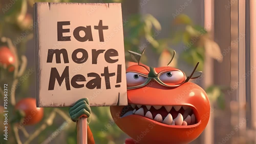 Funny Angry Tomato Holding “Eat More Meat!” Sign. Vegetarian Protest ...