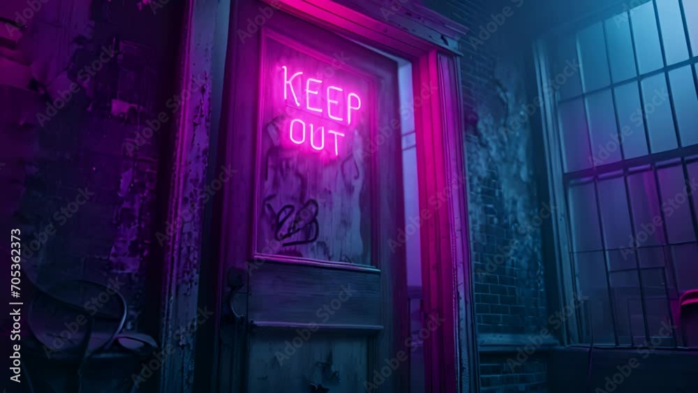 Creepy Glowing Neon “Keep Out” Sign on a Spooky Door with Night Window ...
