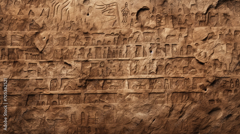 Old ancient Egyptian hieroglyphs carved on the wall of brown stone ...