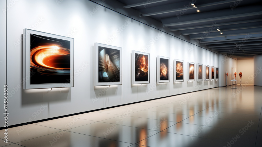 A modern art museum with various works on display. A picture frame ...