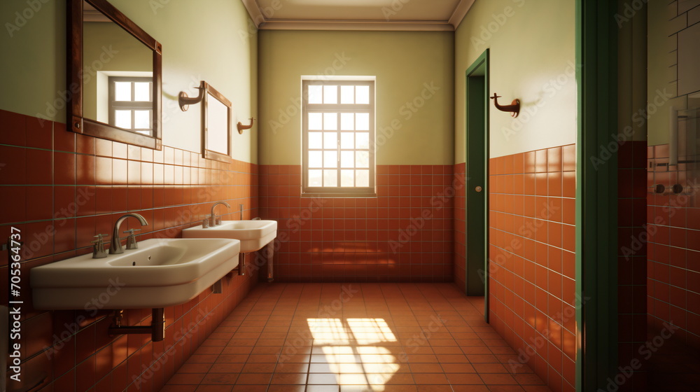 A public restroom with two sinks and mirrors, featuring orange ceramic ...
