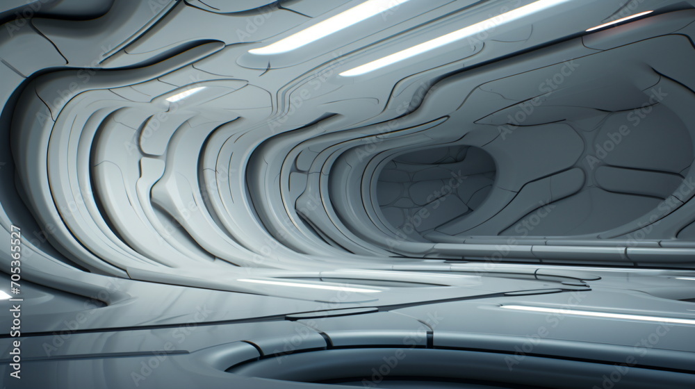 White curved walls and ceilings, interior of a spaceship with soft ...