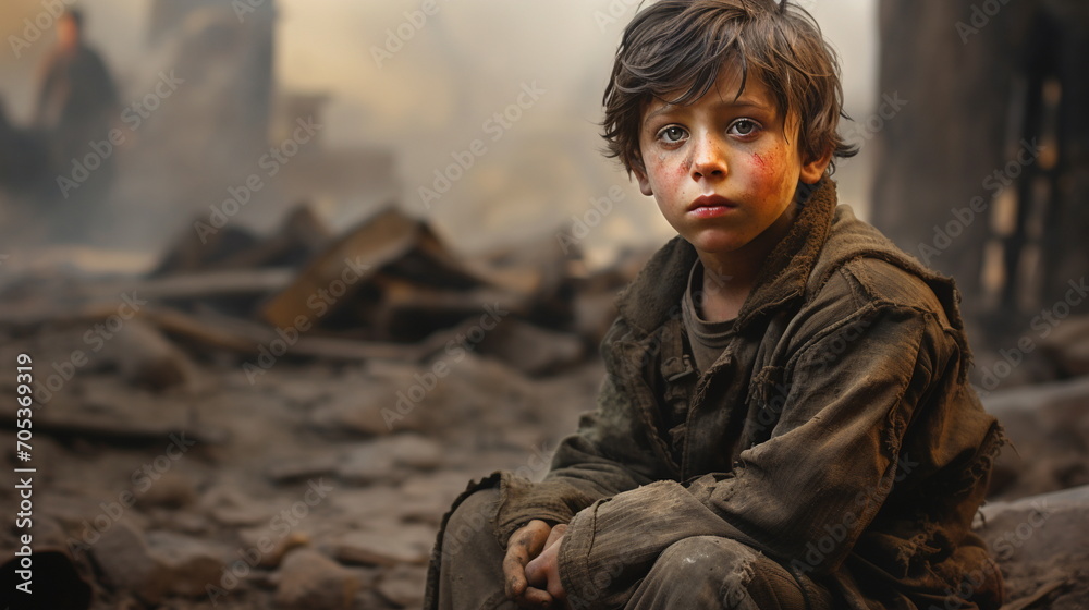 A young boy sitting alone with a sad expression around the remains of a ...