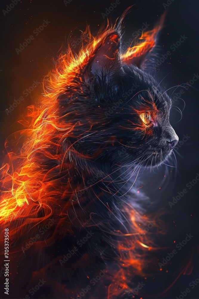 Fire cat, dark orange cat with glowing eyes in fire Stock Illustration ...