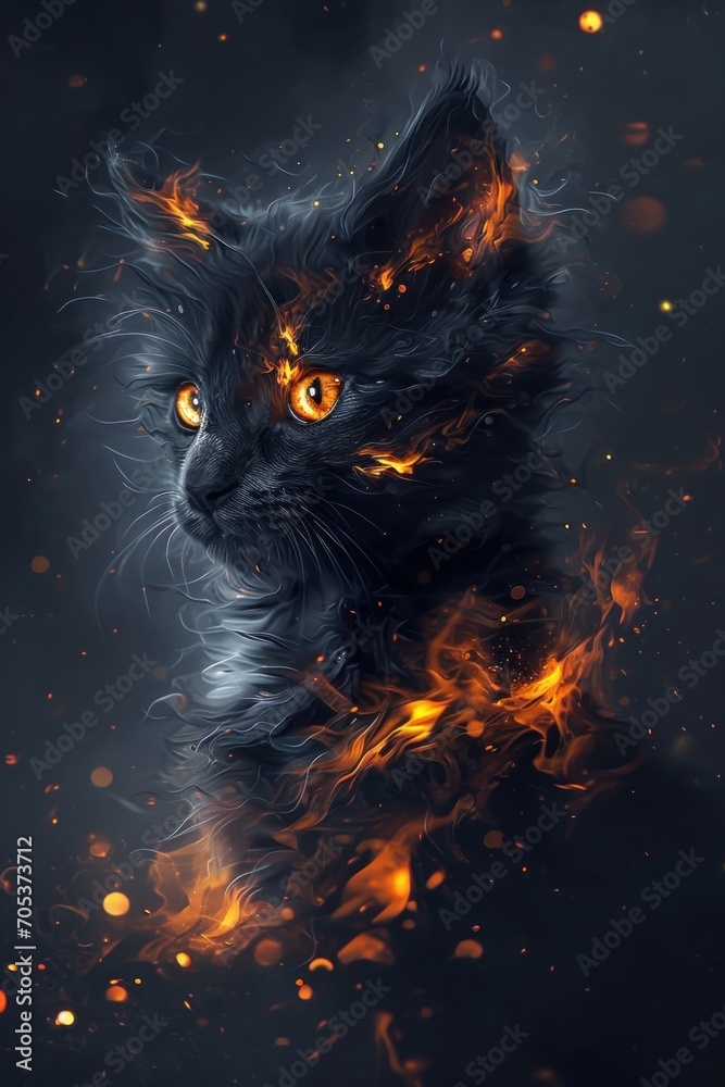 Fire cat, dark orange cat with glowing eyes in fire Stock Illustration ...