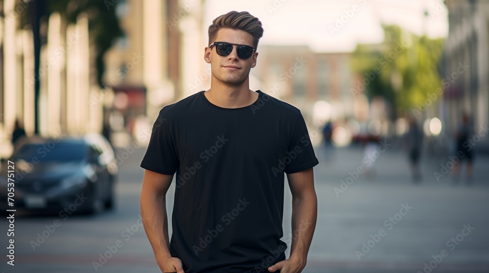 Young Model Shirt Mockup Boy wearing black t-shirt on street in ...