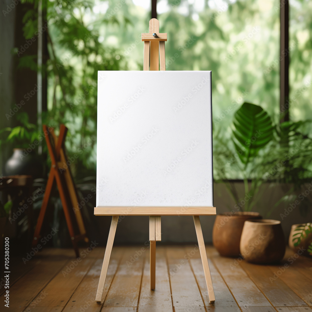 Wooden easel with a blank white canvas in modern interior of artis ...