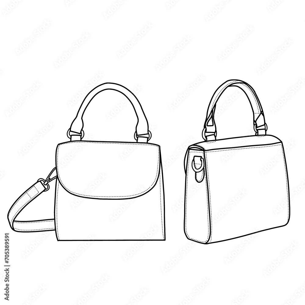 Women's handbags. Top handle bag flat sketch fashion illustration ...
