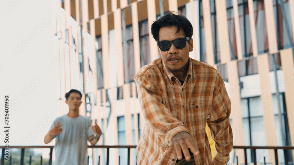 Hip hop team dance break dance while multicultural friend surrounded ...