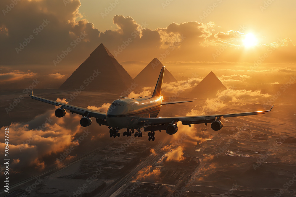 Airplane flying above the pyramids of Giza, travel Egypt aerial view ...