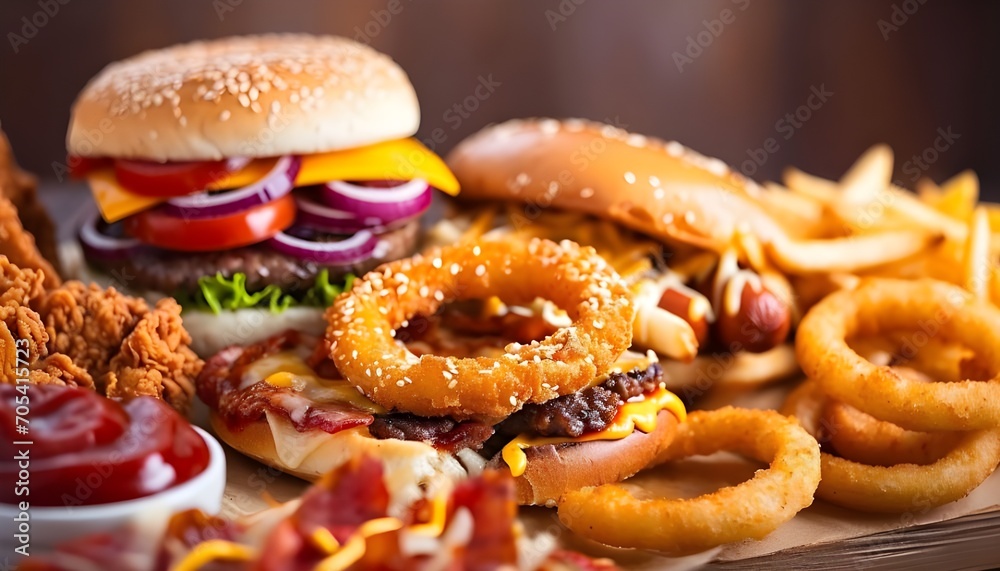Fast food concept with greasy fried restaurant take out as onion rings ...
