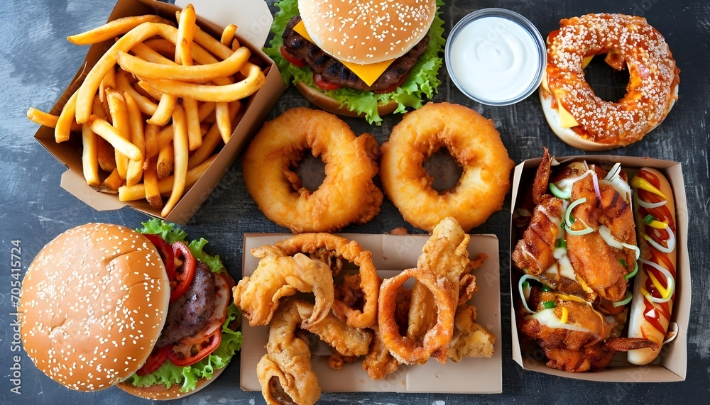 Fast food concept with greasy fried restaurant take out as onion rings ...