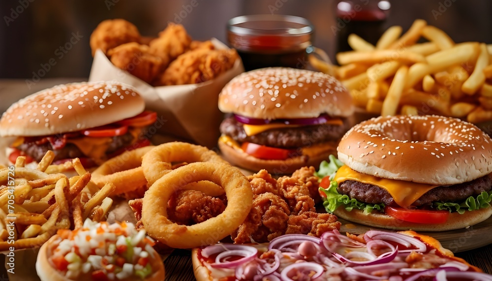 Fast food concept with greasy fried restaurant take out as onion rings ...