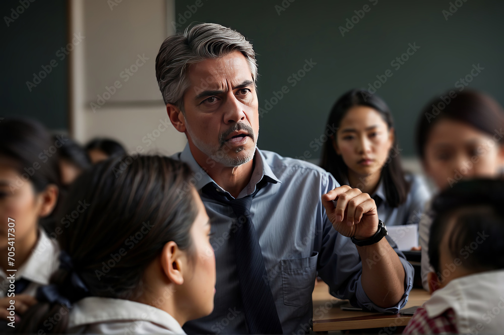 portrait of a stern teacher, his face contorted with anger as he scolds ...