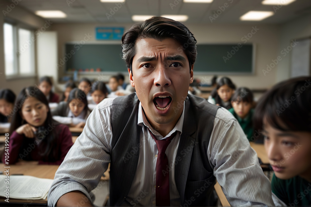 portrait of a stern teacher, his face contorted with anger as he scolds ...