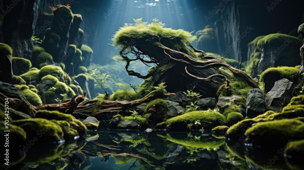 Beautiful aquascape with plants, rocks, redmoor roots, moss covered ...