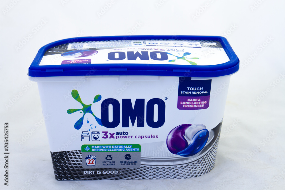 Johannesburg, South Africa - a box of Omo washing capsules isolated on ...