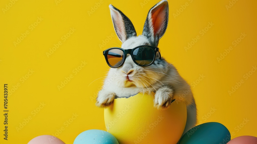 Pop Art rabbit in a dynamic pose with flashy sunglasses, popping out of ...