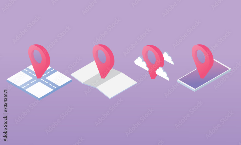 3D Map and location symbols set. Mapping icon collection. Geolocation ...