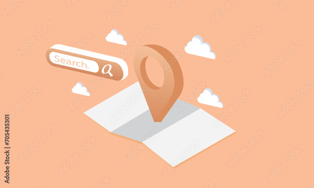 3D Location folded paper map, search bar and pin isolated. GPS and ...