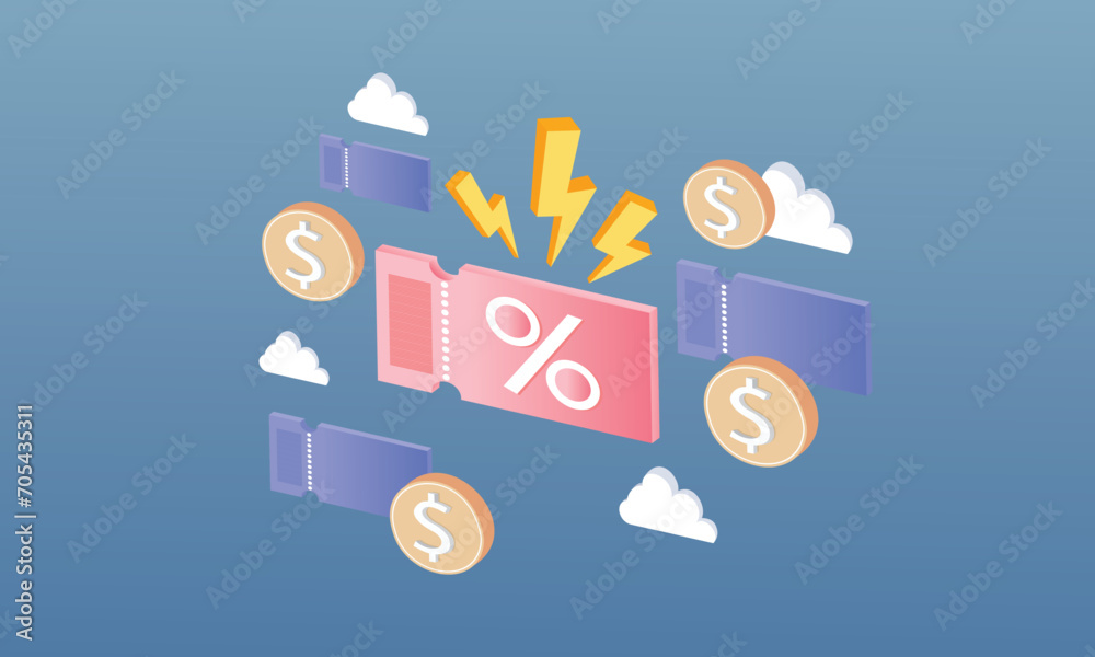 3D rendering discount coupon with percentage sign with coins and flash ...