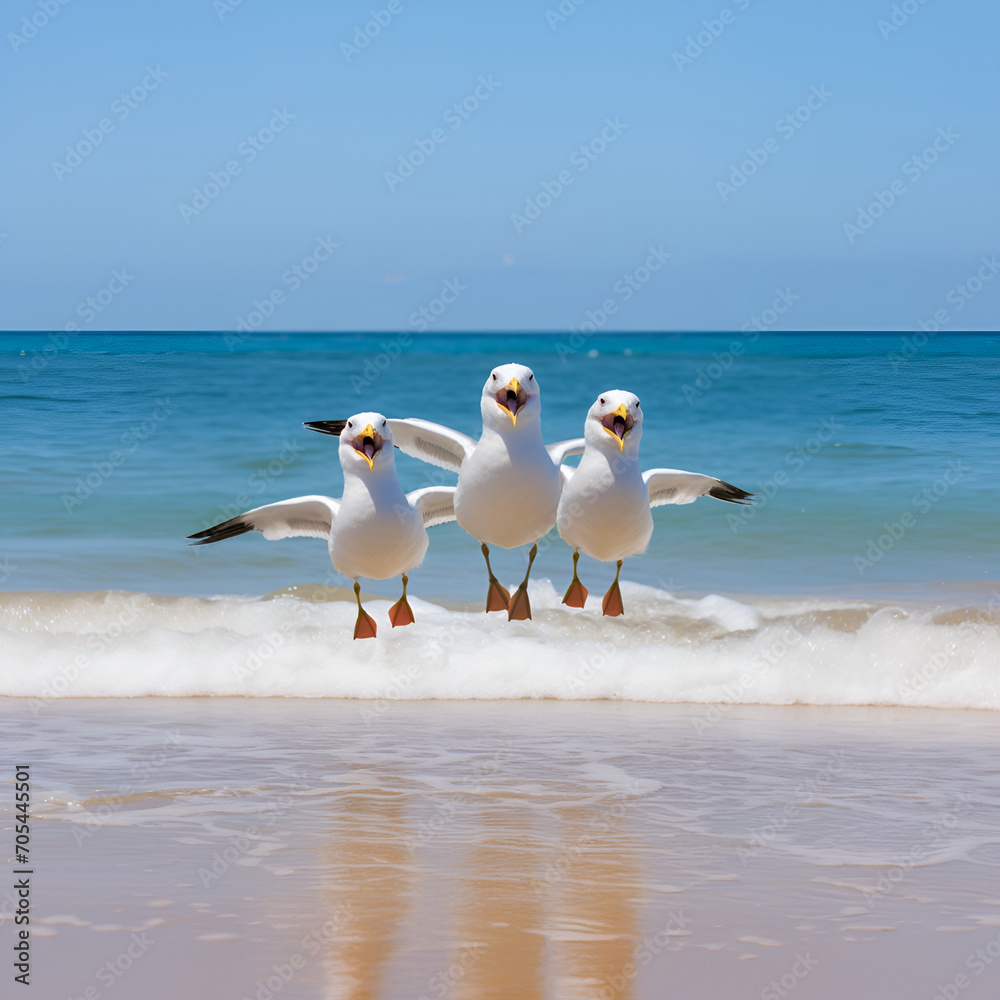 Three seagulls on the beach looking at the camera against the backdrop ...
