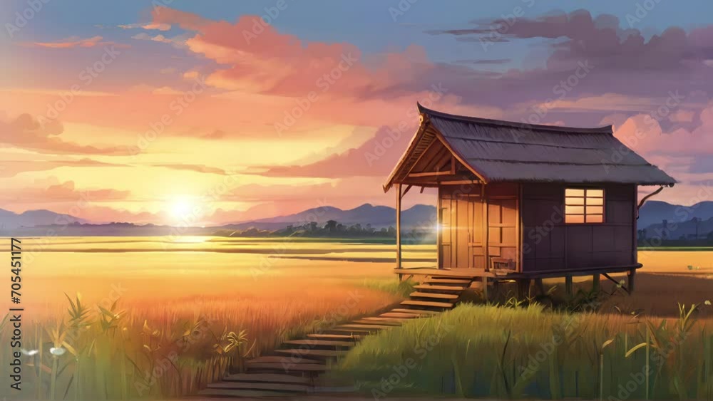 Animated illustration of a hut in the middle of a rice field, with a ...